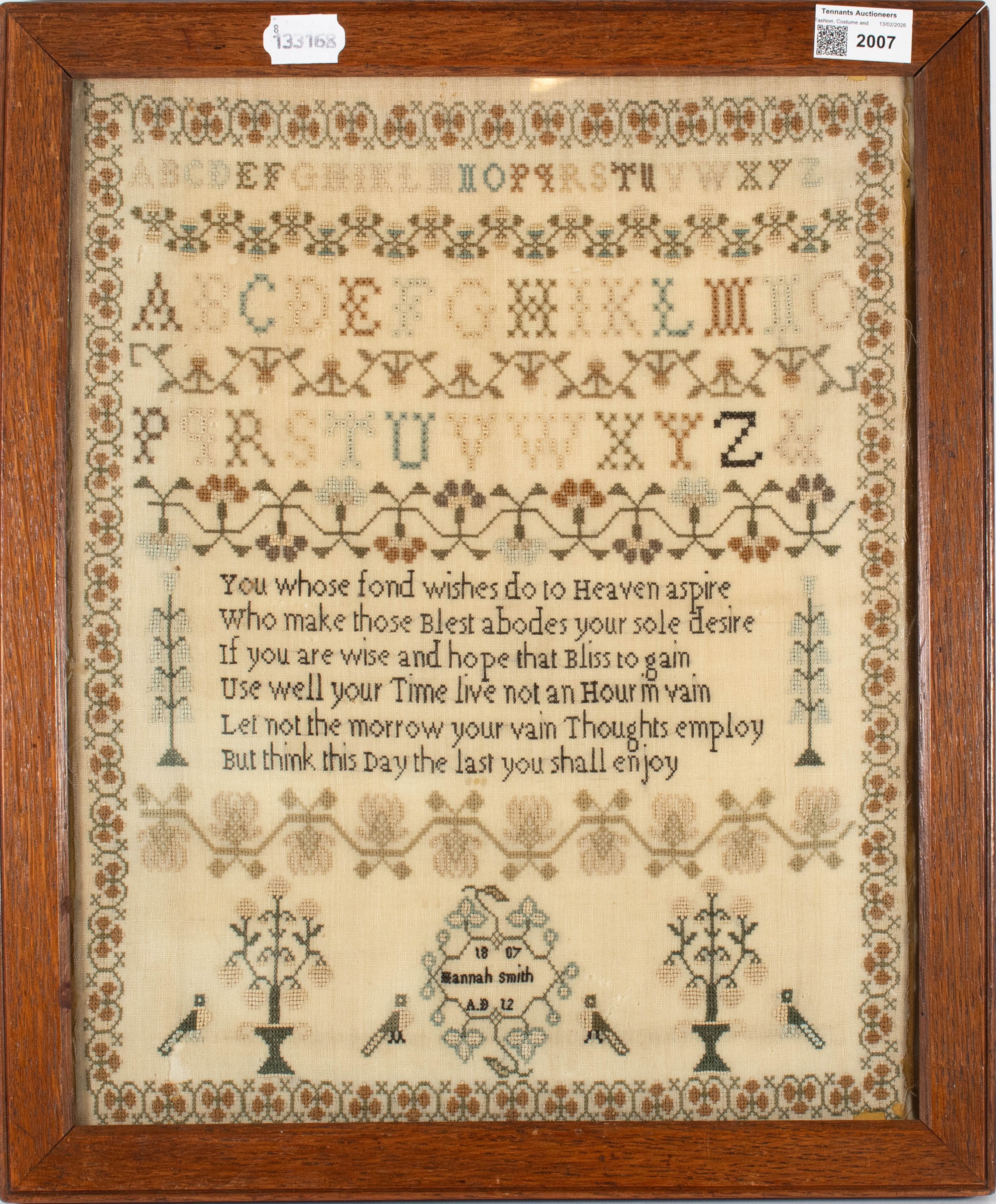 Lot 2007 - An Alphabet Sampler Worked by Hannah Smith
