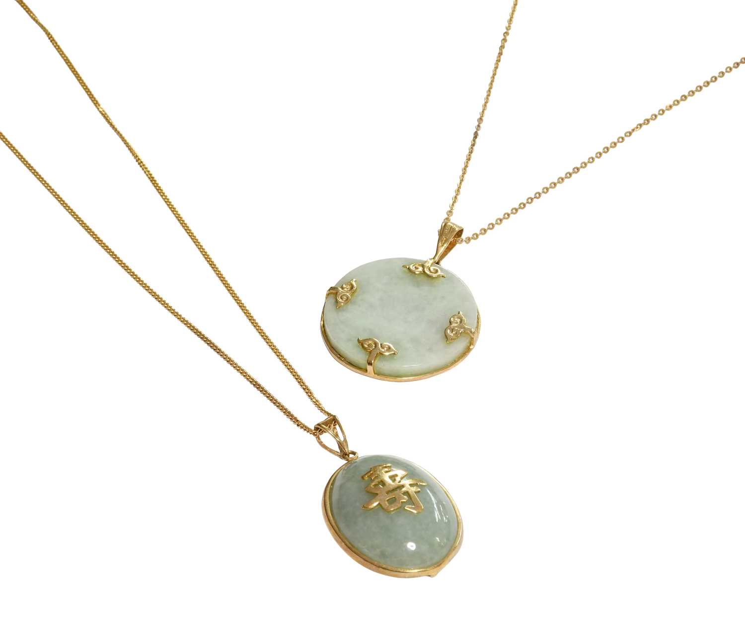 Lot 183 - Two 9 Carat Gold Jade Pendants on Chains, of
