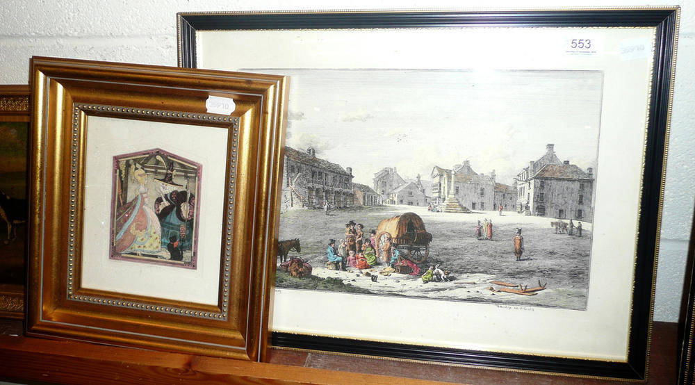 Lot 553 - Hand coloured engraving of Middleham Market